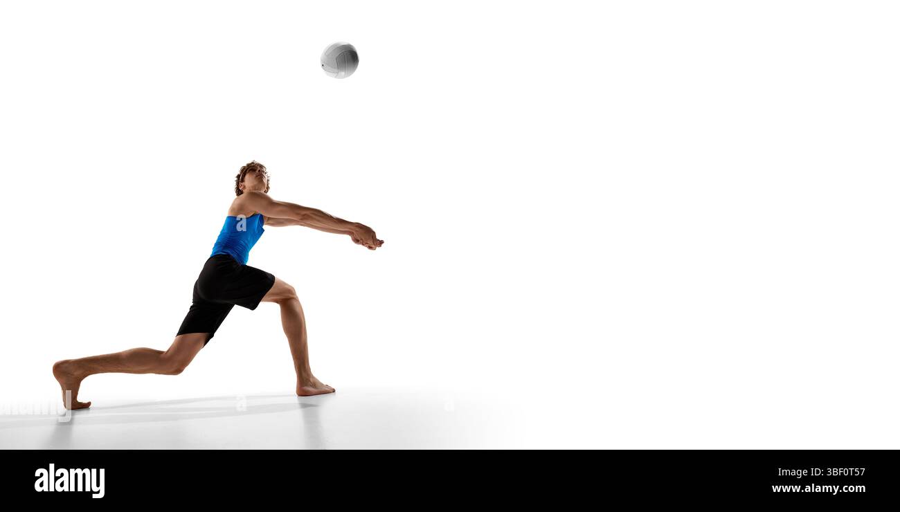 Volleyball athlete stretches arms forward in deep lunge pose while ...