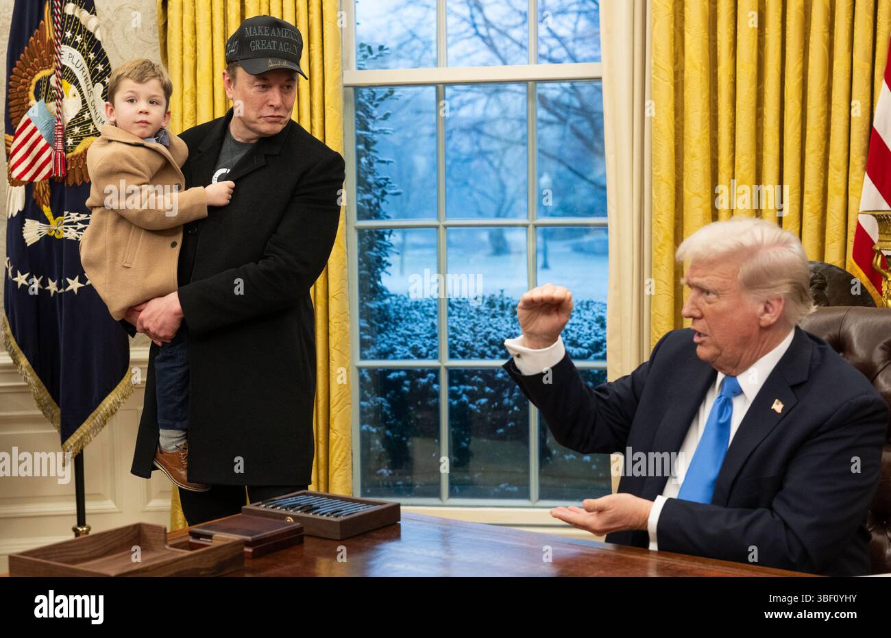 Tesla and SpaceX CEO Elon Musk, joined by his son X Musk, and U.S ...