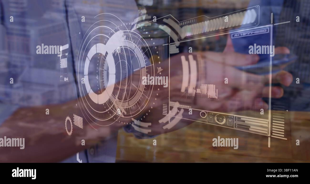 Image of data processing and scope scanning over diverse people holding ...