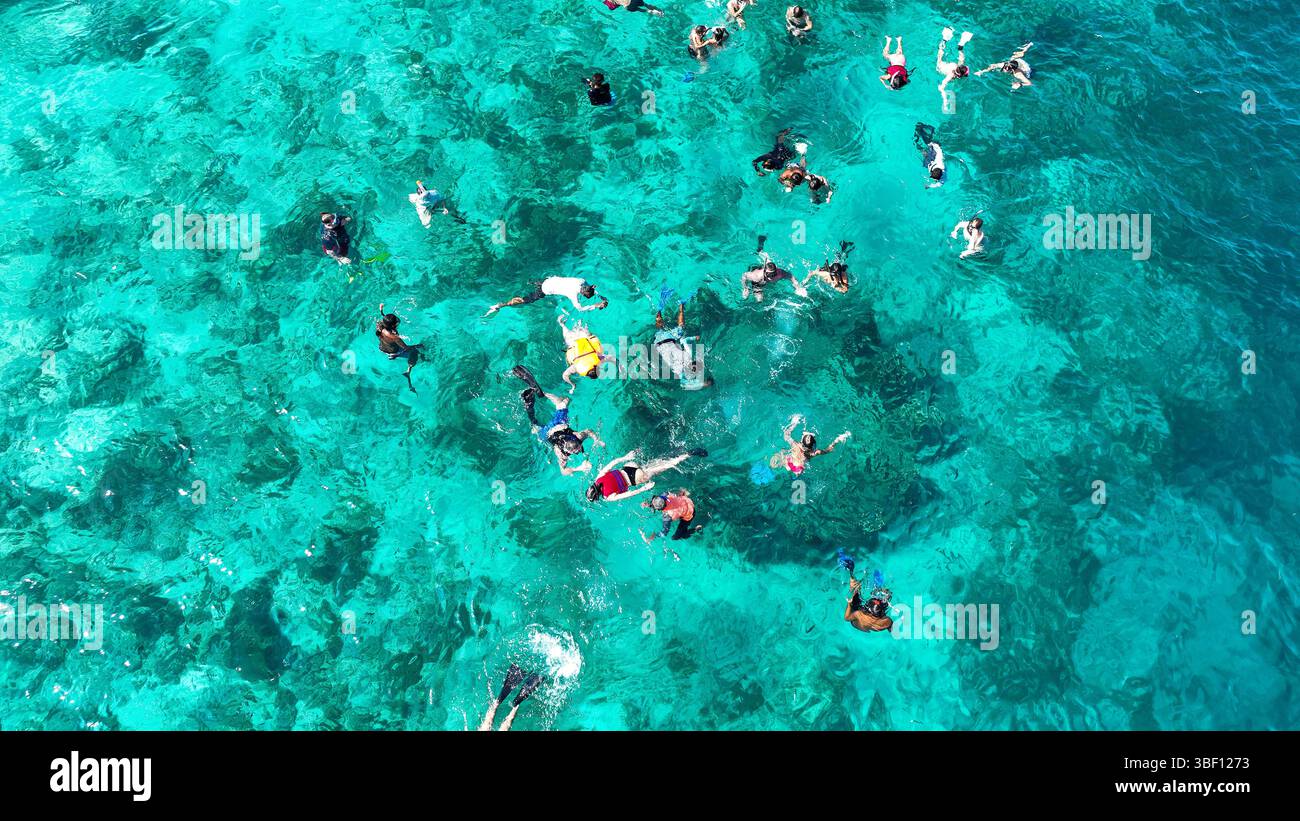 Aerial drone view tourists snorkeling at the underwater statues in the ...