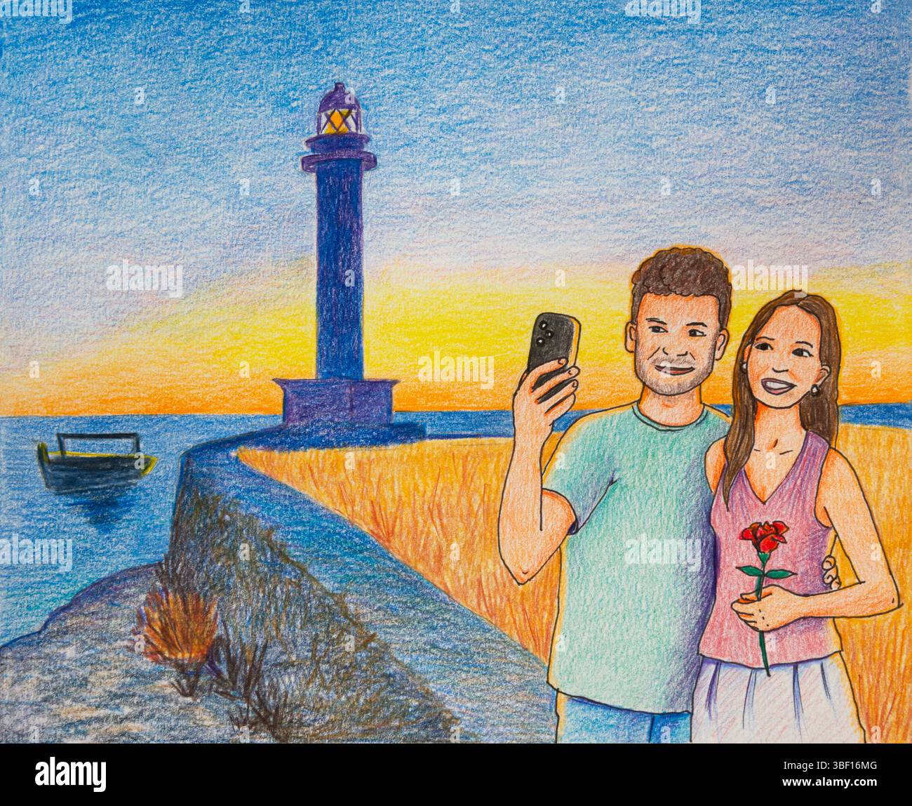 Young couple taking a selfie at sunset. Illustration Stock Photo - Alamy