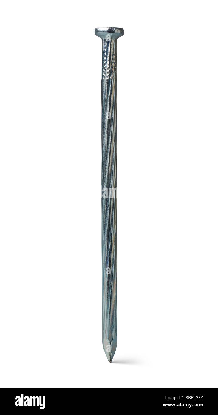 long metal concrete nail isolated white background, single fastener ...