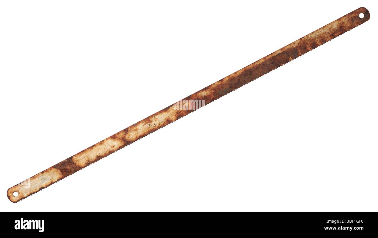 close-up of old rusty hacksaw blade isolated white background, thin ...