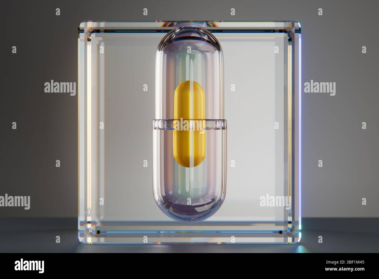 A yellow pill encapsulated in a clear capsule, showcased within a ...