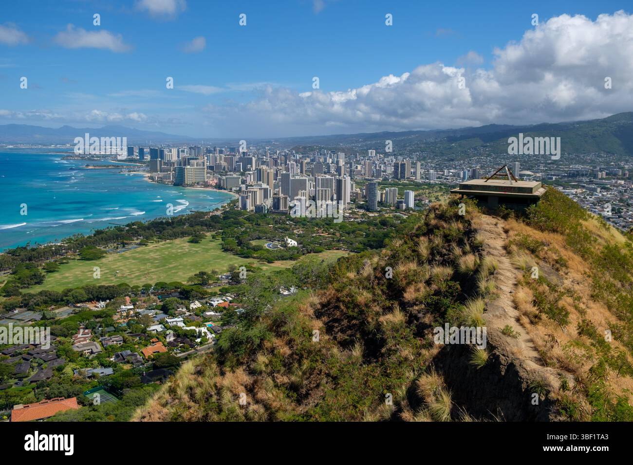 View from Diamond Head, Oahu, Hawaii. Hikers enjoy the scenic views of ...