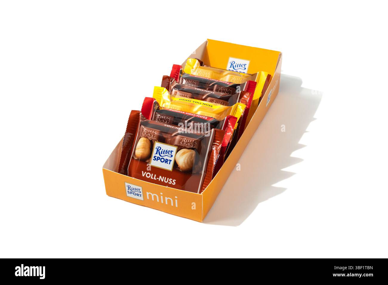 The Ritter Sport mini box is completely open, revealing neatly laid out ...