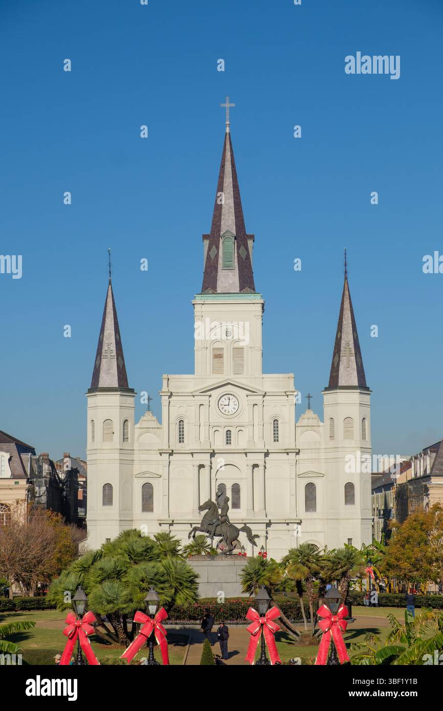 Jackson Square, New Orleans, with St. Louis Cathedral. The statue of ...