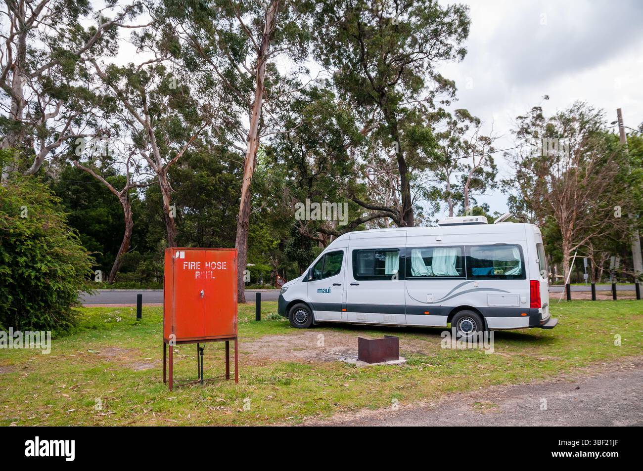 Halls Gap Holiday park, Fire Hose Reel next to a camper van, campsite ...