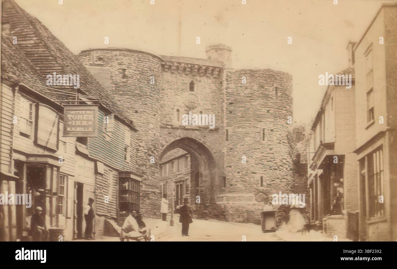 Streetscape with Landgate in Rye, recto - handwritten, This photo is ...