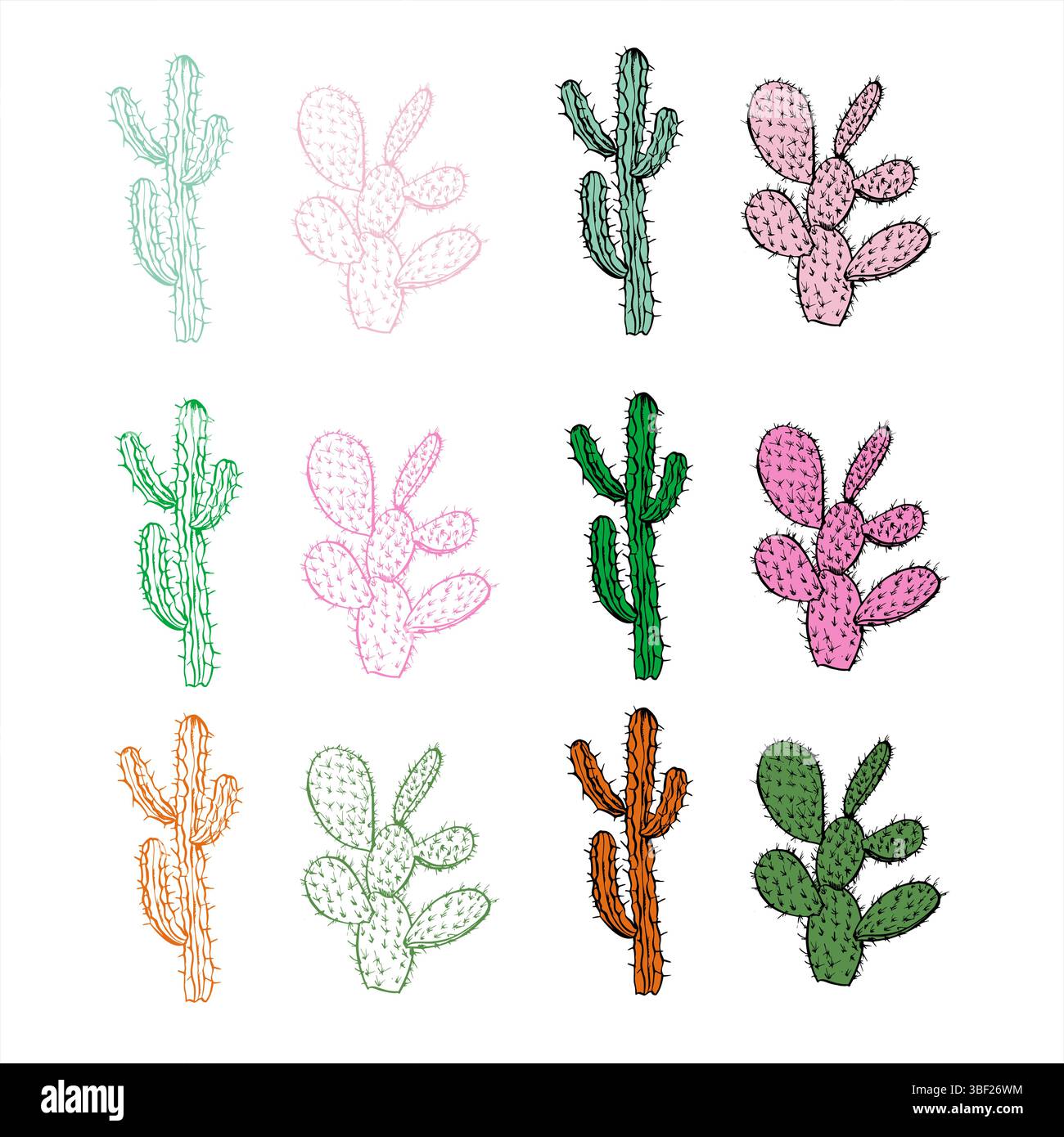 Two Mexican cacti types in stylish pink and green shades vector set ...