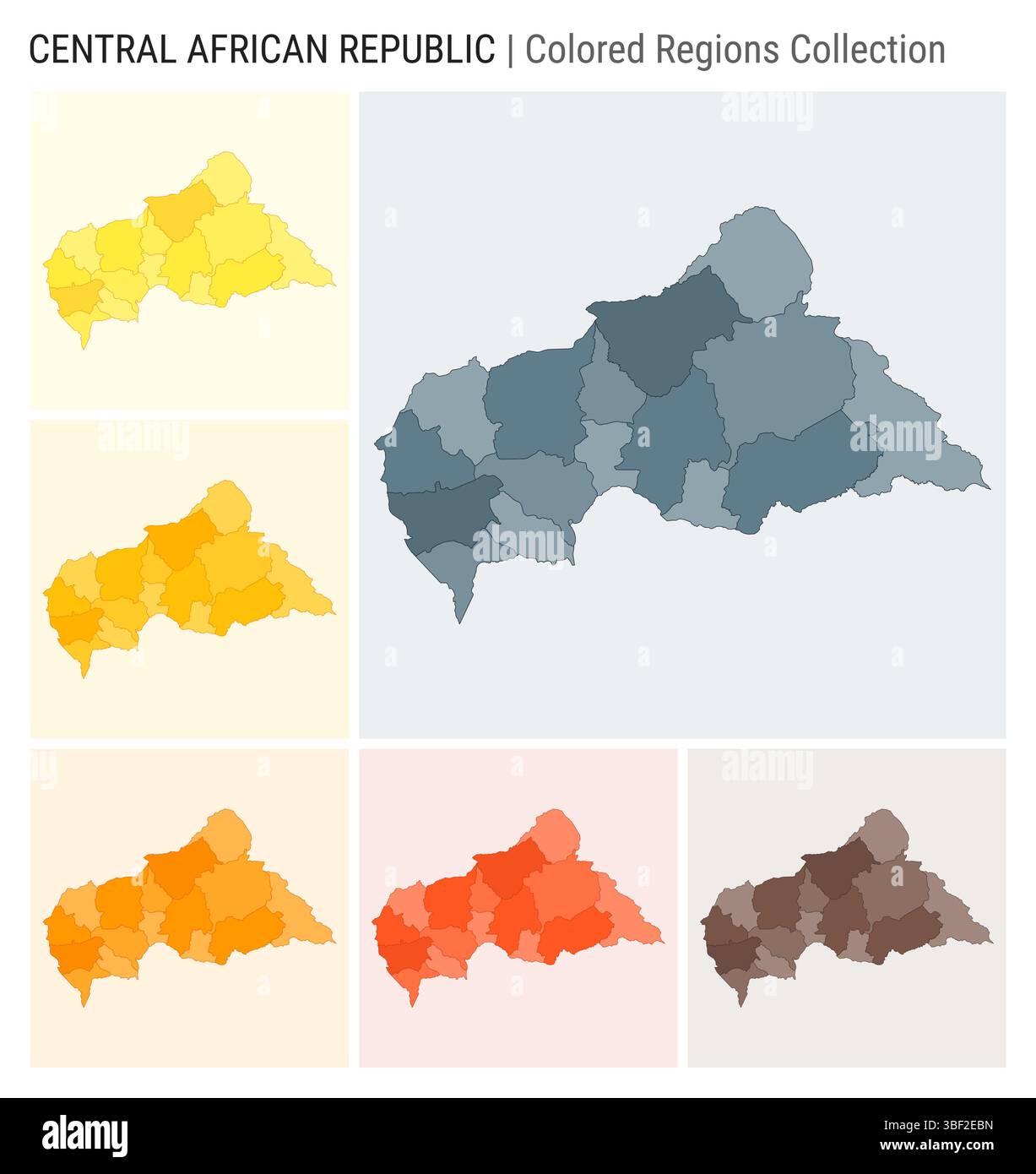 CAR map collection. Country shape with colored regions. Blue Grey ...