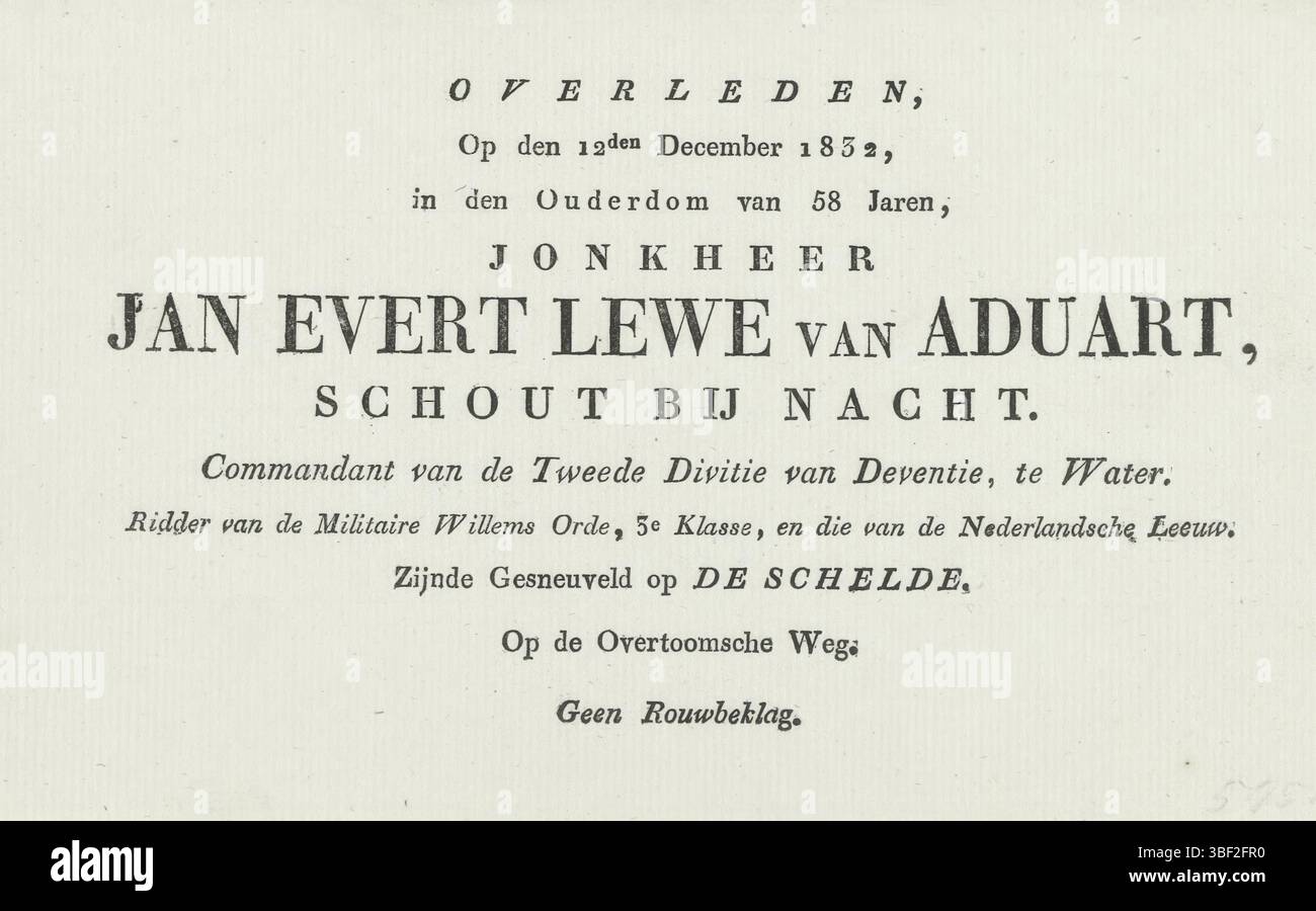 Netherlands, Death note by jonkheer Jan Evert Lewe van Aduart, 1832 ...