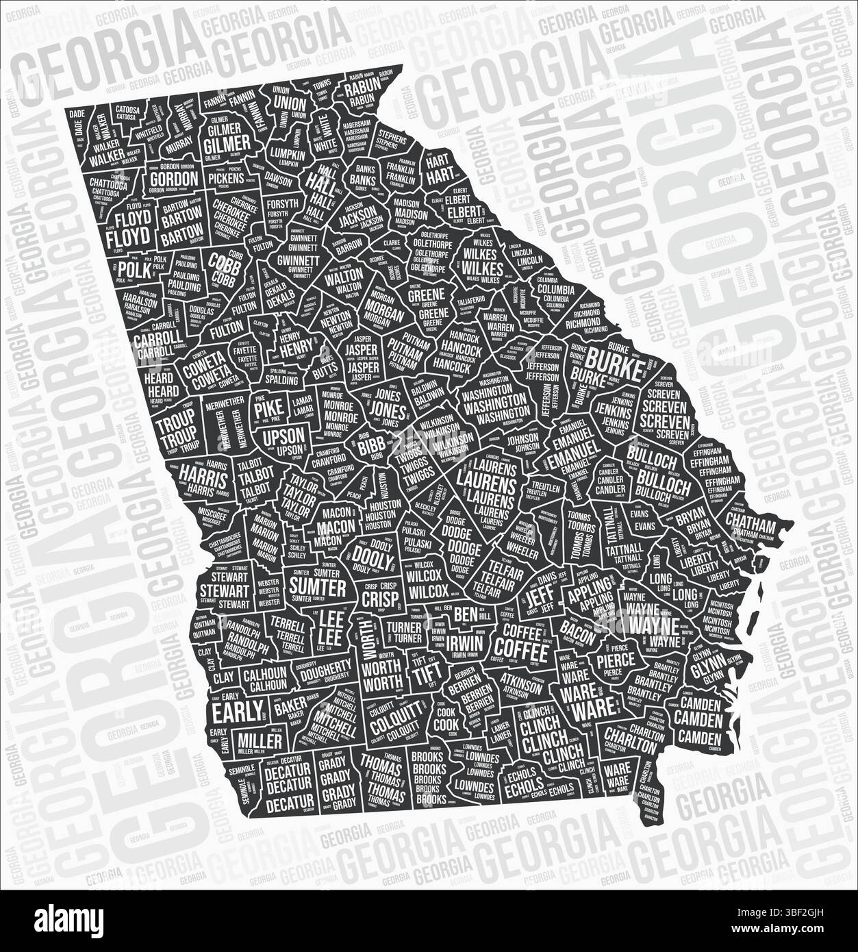 Georgia counties map word cloud. Georgia region names. Black and white ...