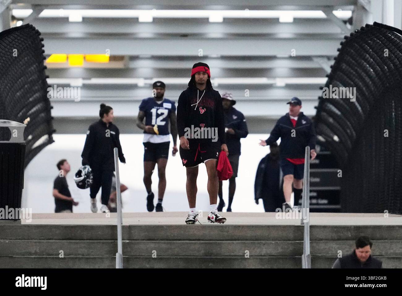 Houston Texans quarterback C.J. Stroud (7) walks to a practice field ...