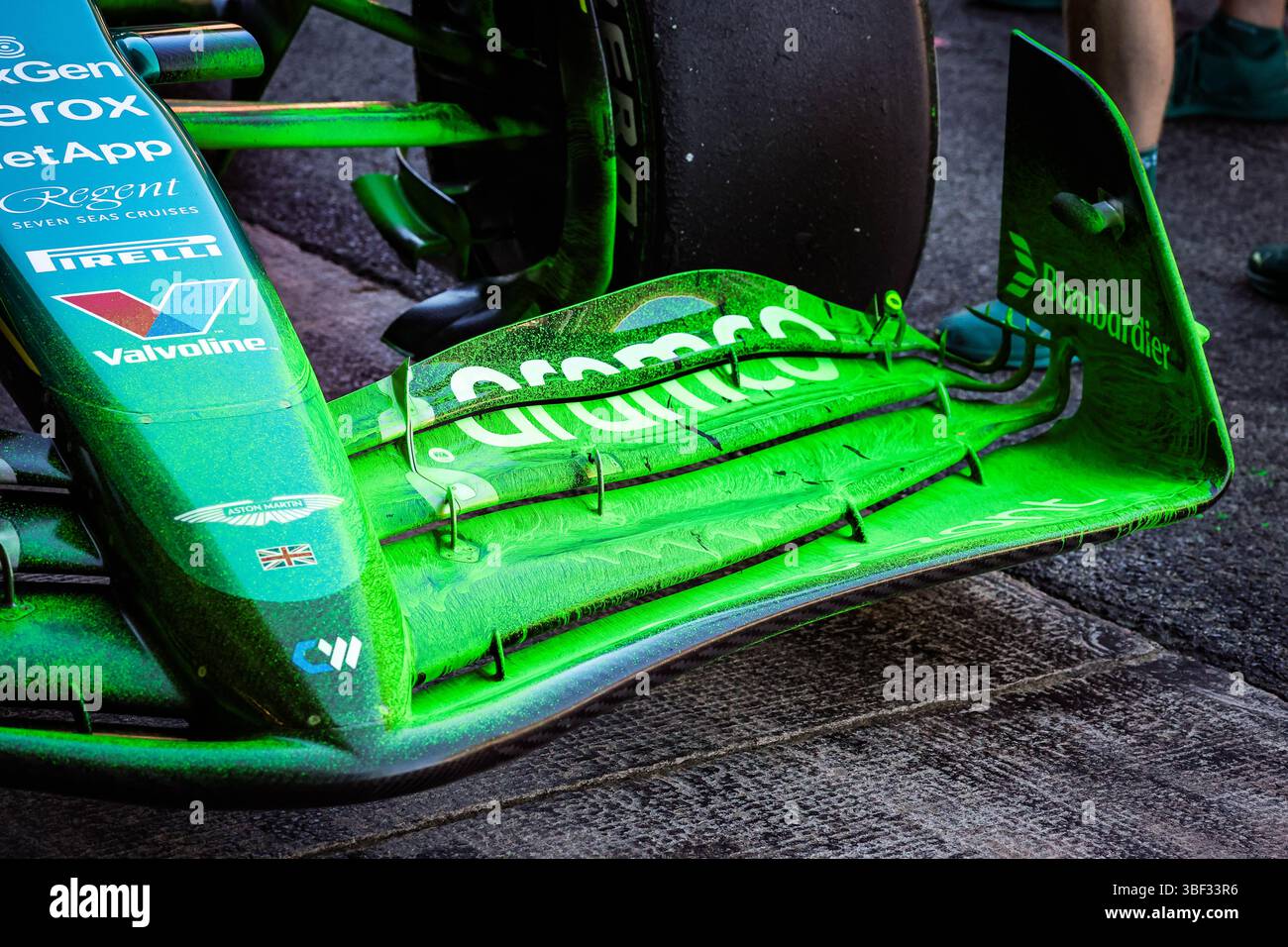 Aston Martin F1 Team AMR25, mechanical detail of flow vis on front wing ...