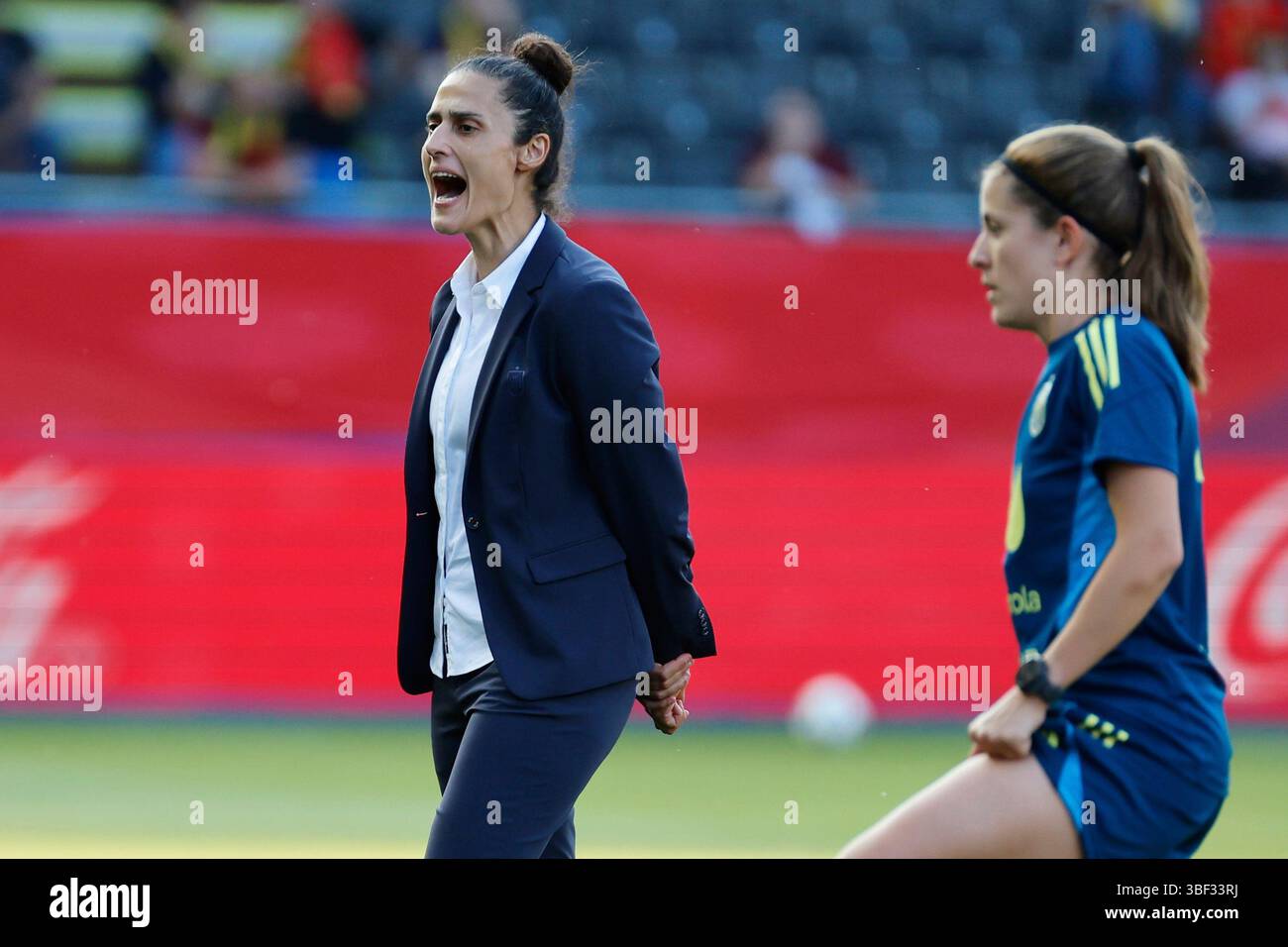 Spain's coach Montserrat Tome, left, prior to the League A group A3 ...