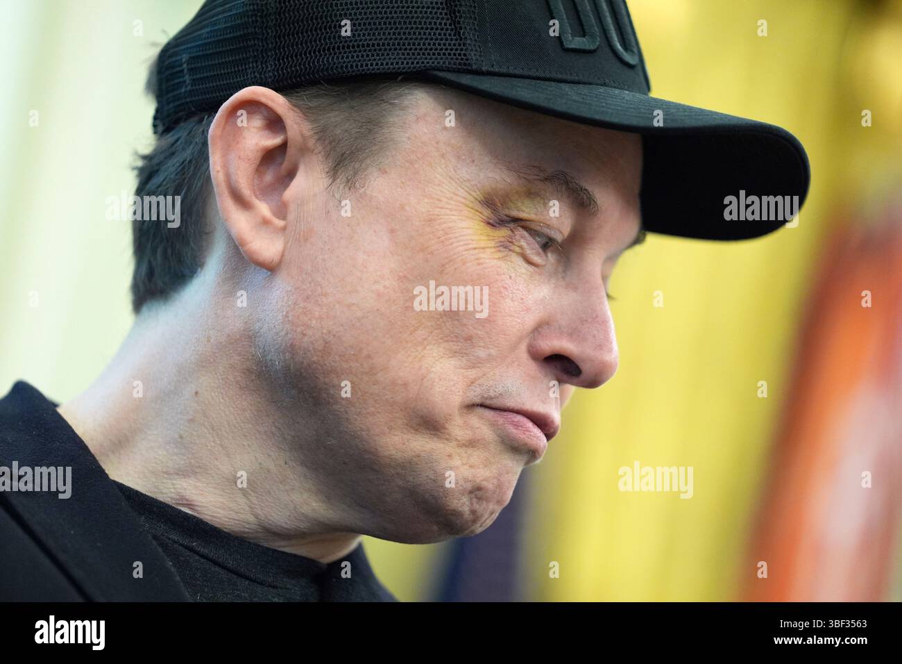 Elon Musk listens as President Donald Trump speaks during a news ...