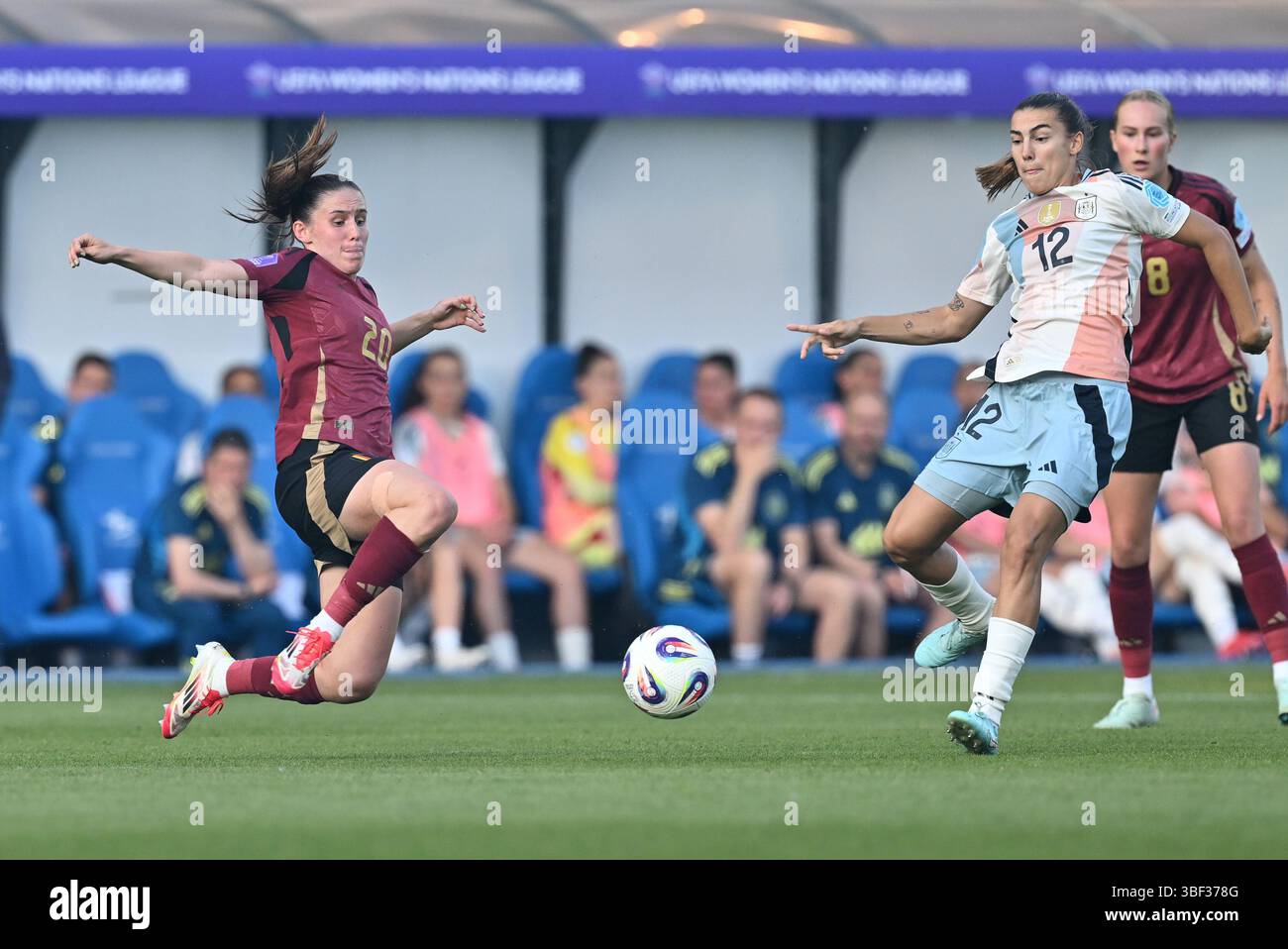 Marie Detruyer (20) of Belgium fighting for the ball with Patri ...
