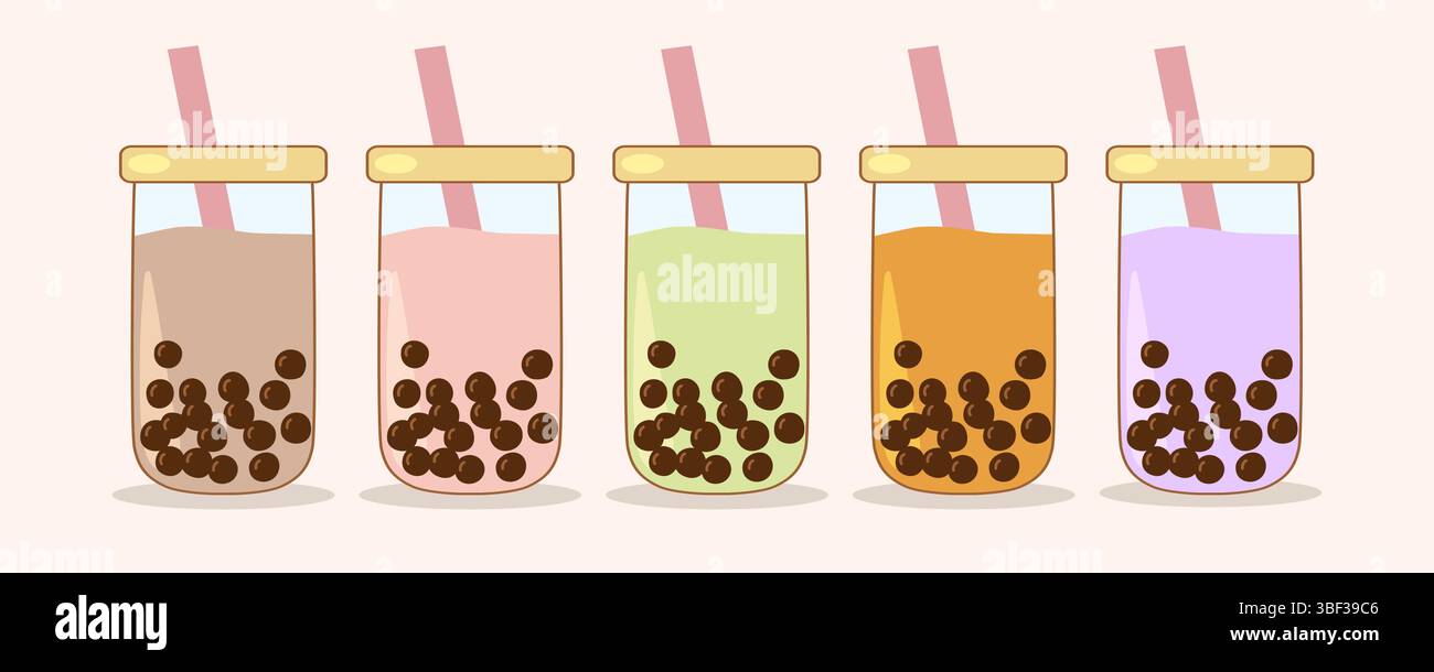 Different flavors of refreshing bubble tea showing tapioca pearls and ...