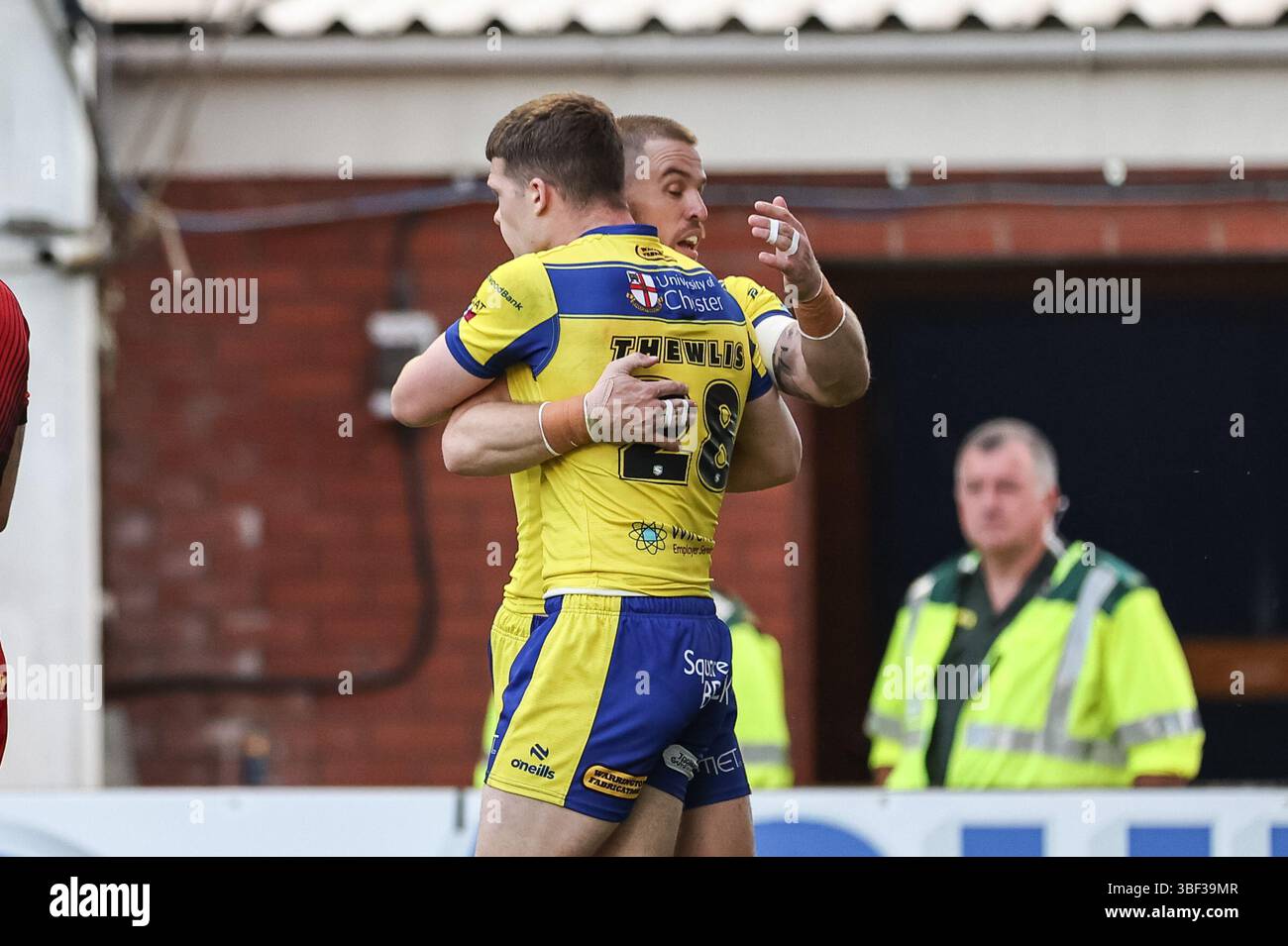 Jake Thewlis of Warrington Wolves celebrates his try during the Betfred ...