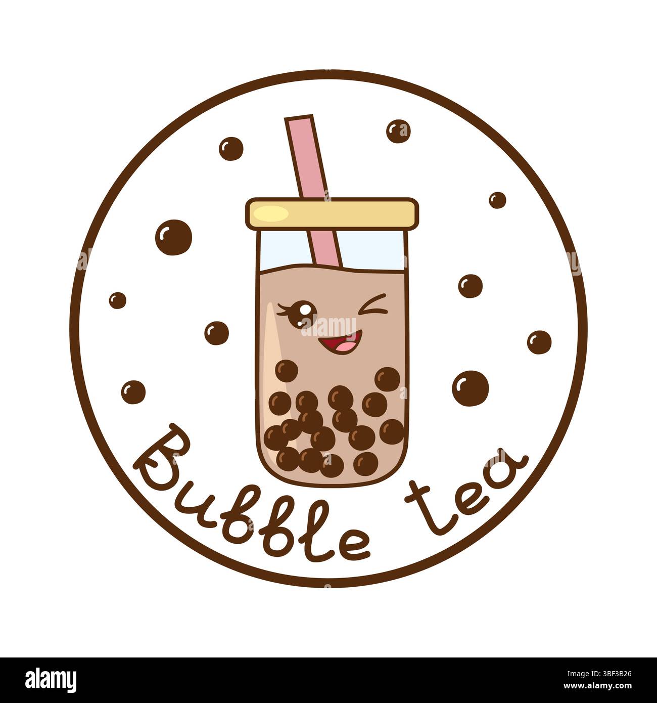 Kawaii winking bubble tea with boba tapioca pearls in a circle frame ...