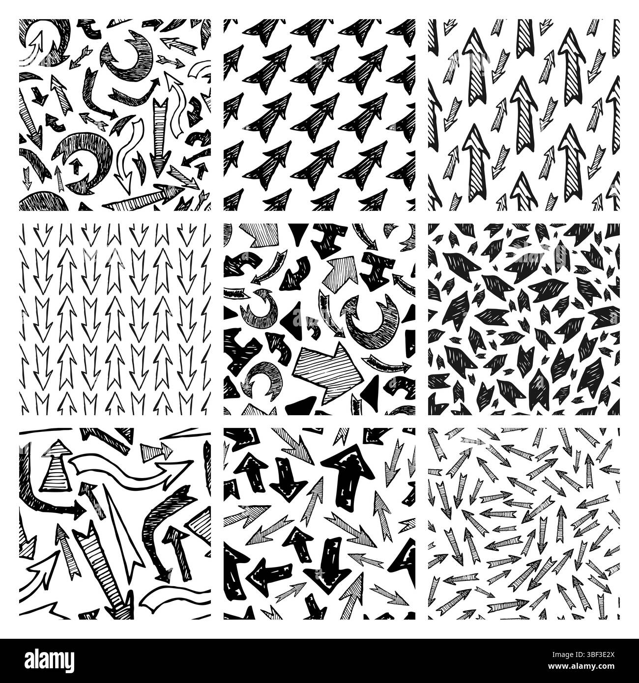 Seamless pattern with black hand drawn arrows. Set of nine creative ...