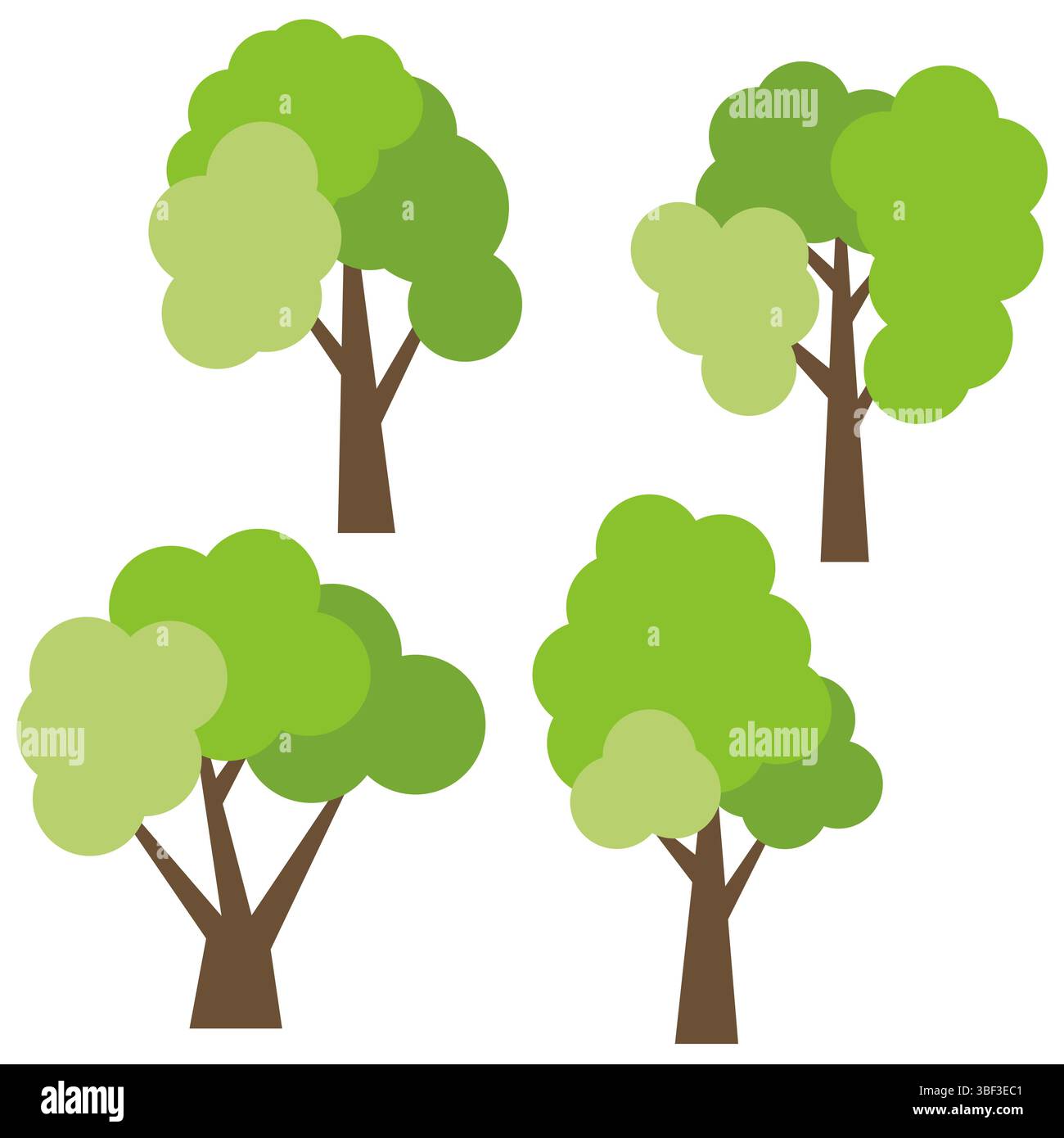 Set of four different cartoon green trees isolated on white background ...