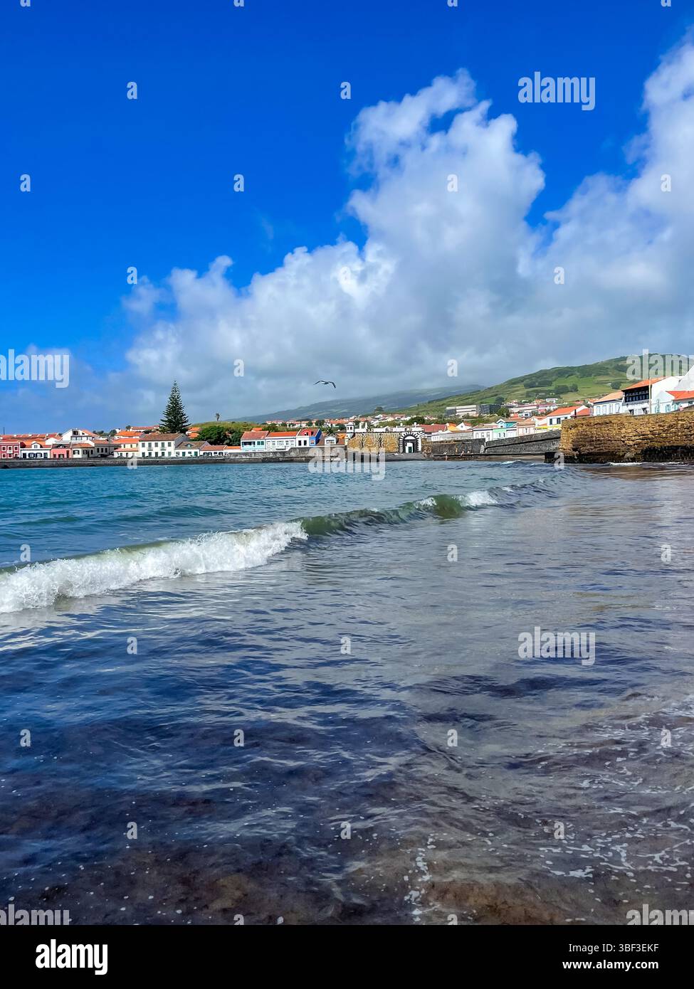 Shoreline of Horta on Faial Island, Azores, with waves reaching the ...