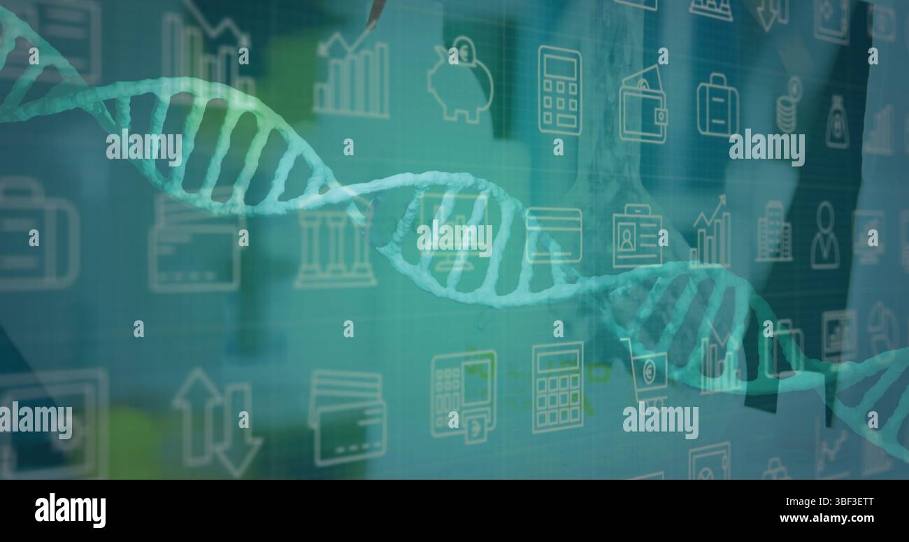 Image of spinning dna strand an data processing over caucasian ...