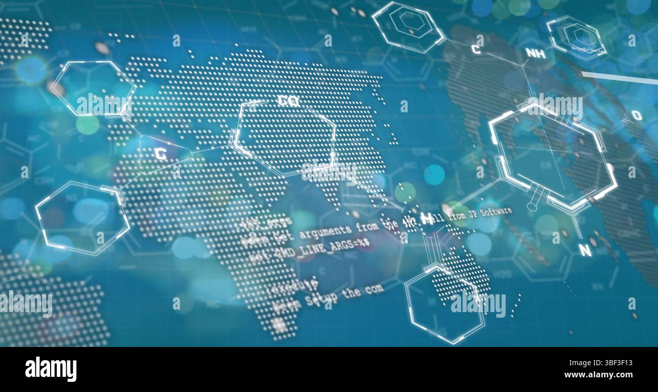 Image of graphs and chemical formulas over world map and green ...