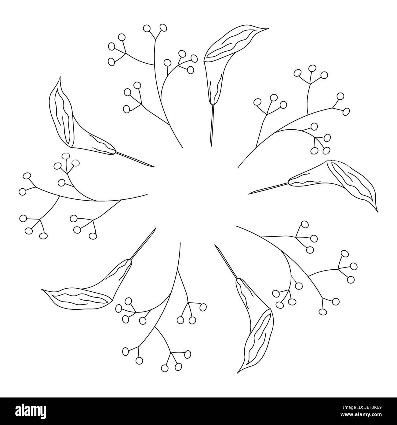 Circular border with decorative line art flowers elements. Stylish ...