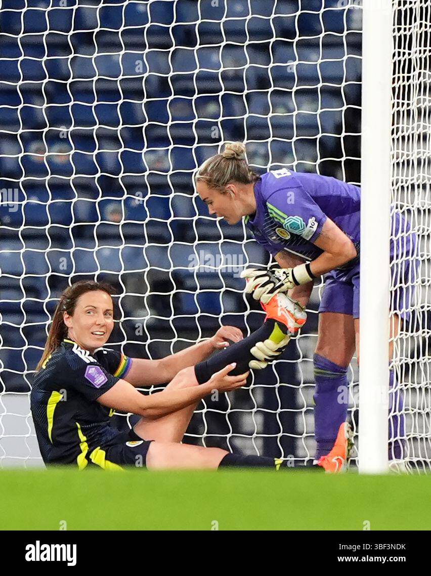 Scotland's Rachel Corsie reacts to a cramp during the UEFA Women's ...