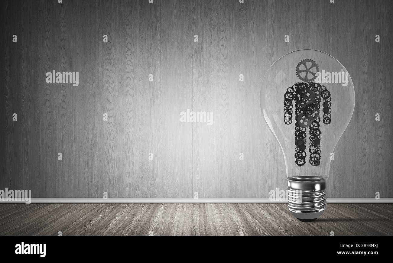 Glass lightbulb with human from gears inside placed in empty room with ...