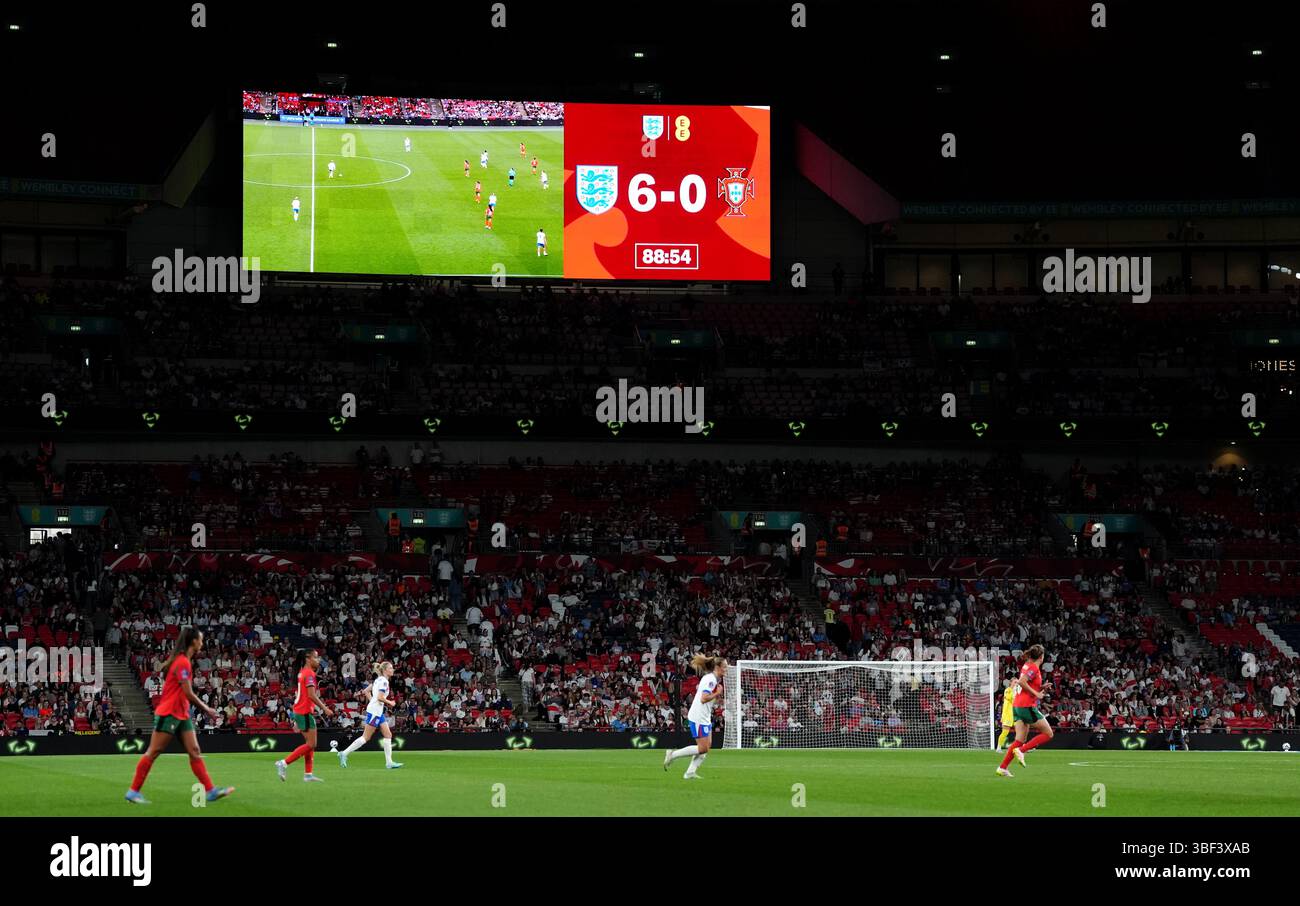 A view of the scoreline on the big screen during the UEFA Women's Nations League, League A ...