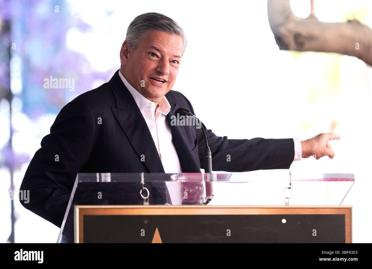 Guest speaker Ted Sarandos addresses the crowd during a ceremony ...