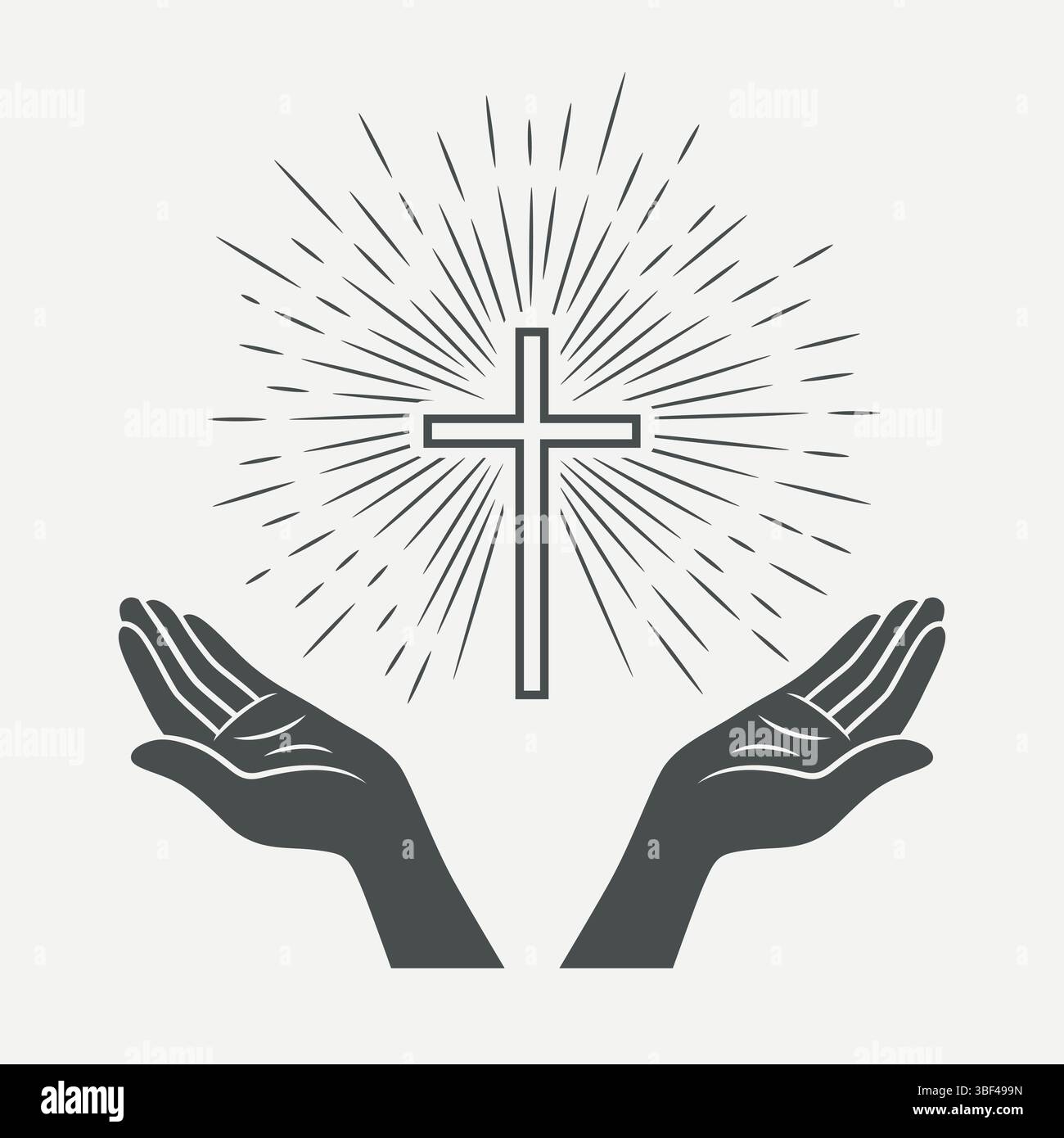 Black and White Open Hands with Cross and Divine Light, Symbol of Faith ...