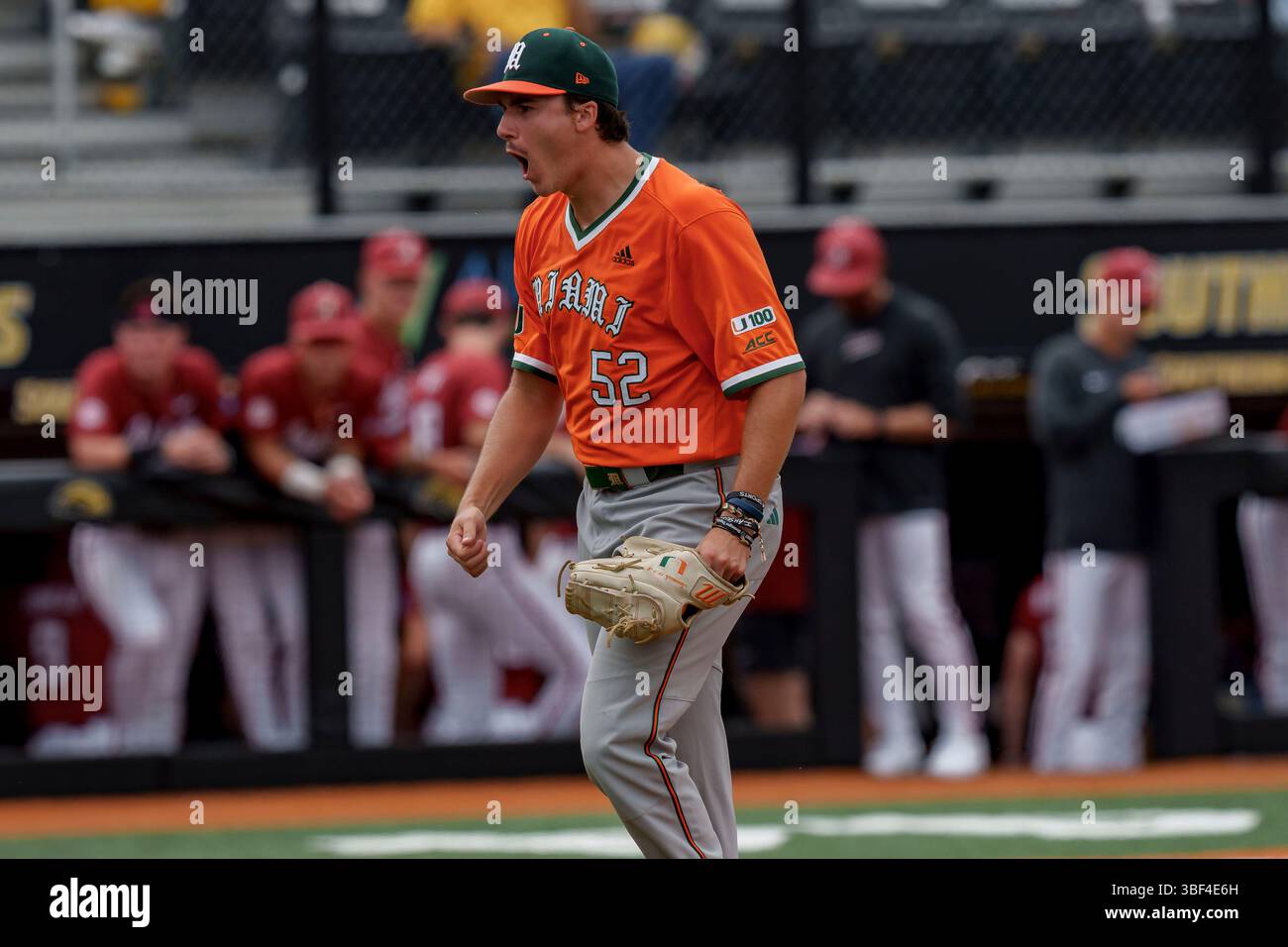 Miami pitcher AJ Ciscar (52) celebrates retiring the Alabama side ...