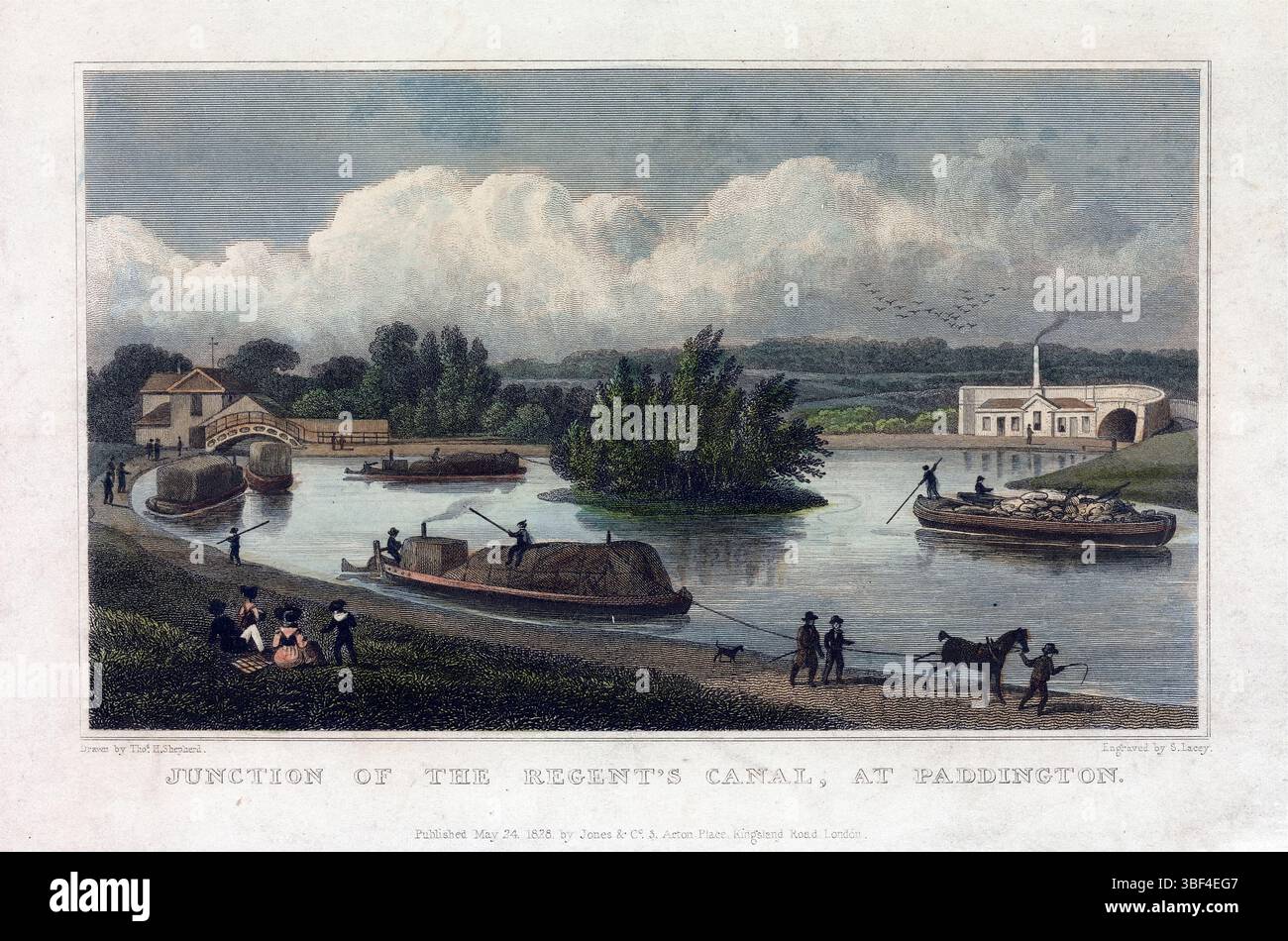 A print coloured engraving of a view of the Junction of the Regents ...