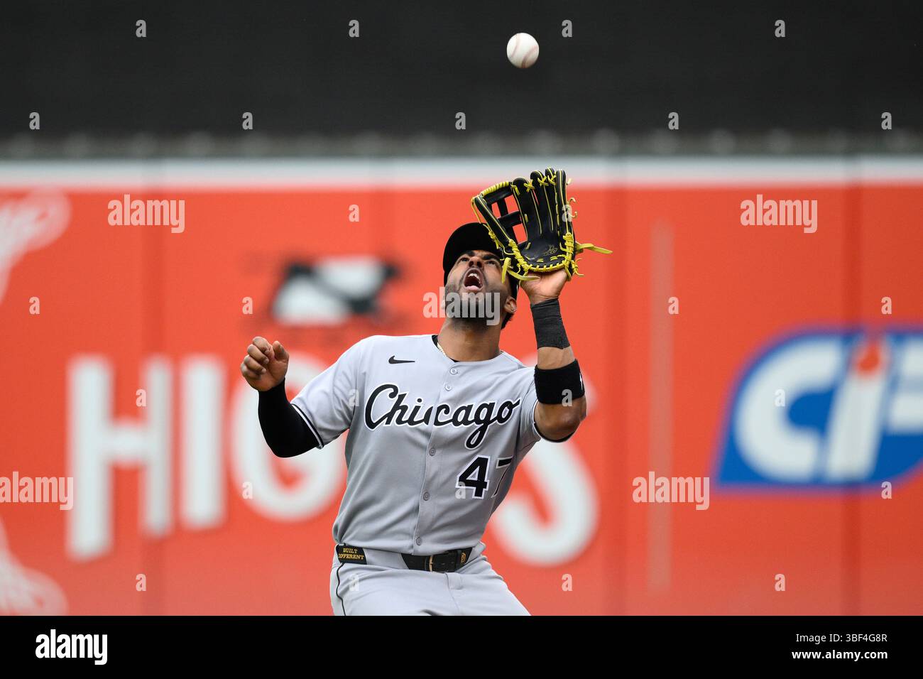 Chicago White Sox right fielder Joshua Palacios prepares to catch a fly ...