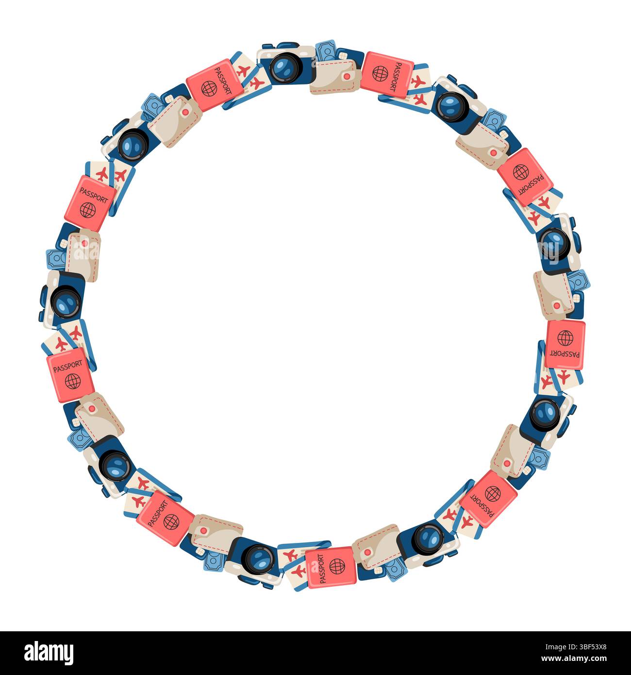 Round frame with travel essentials like passports, cameras, wallets and ...