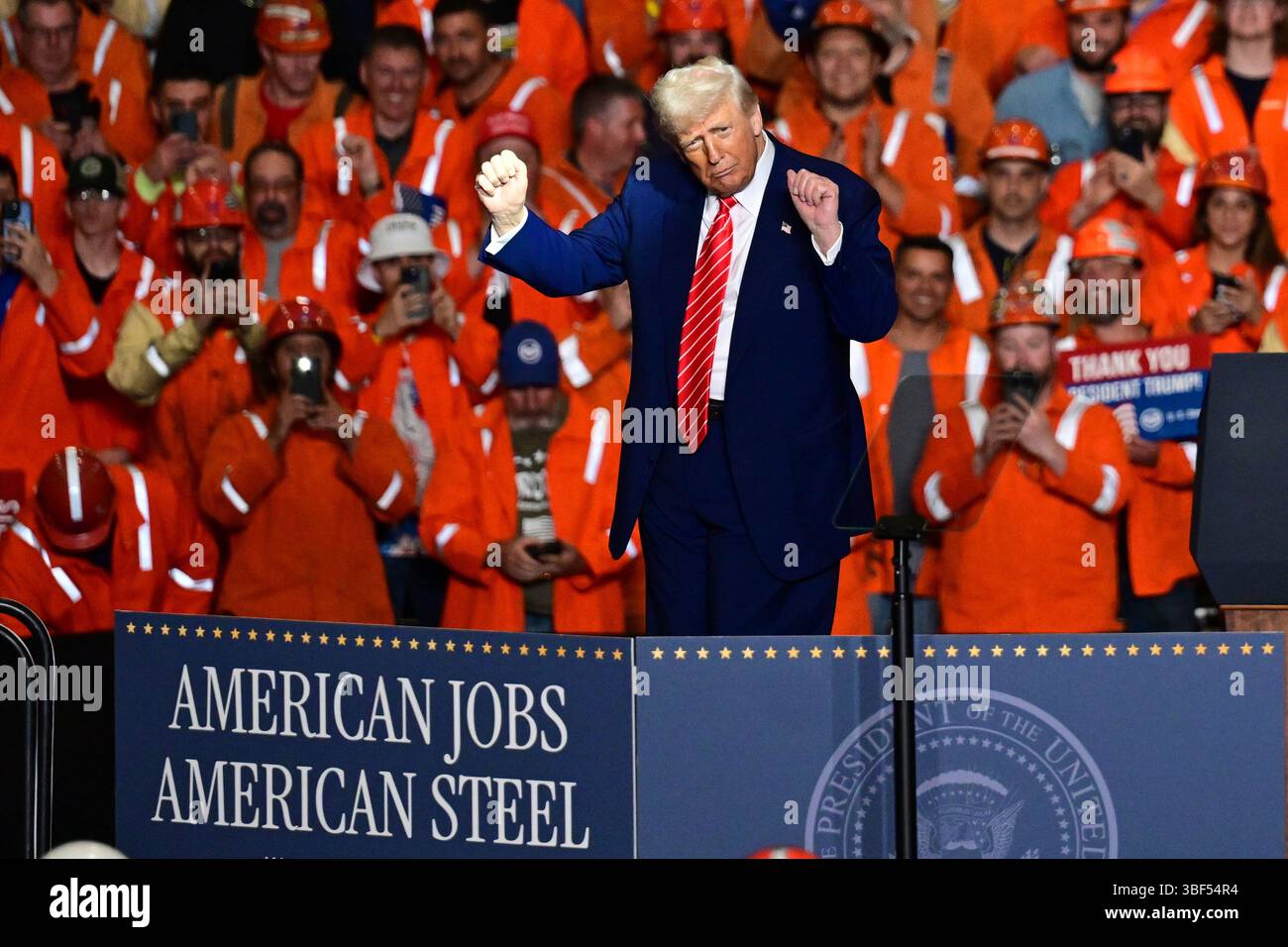 President Donald Trump dances after speaking at the U.S. Steel Mon ...