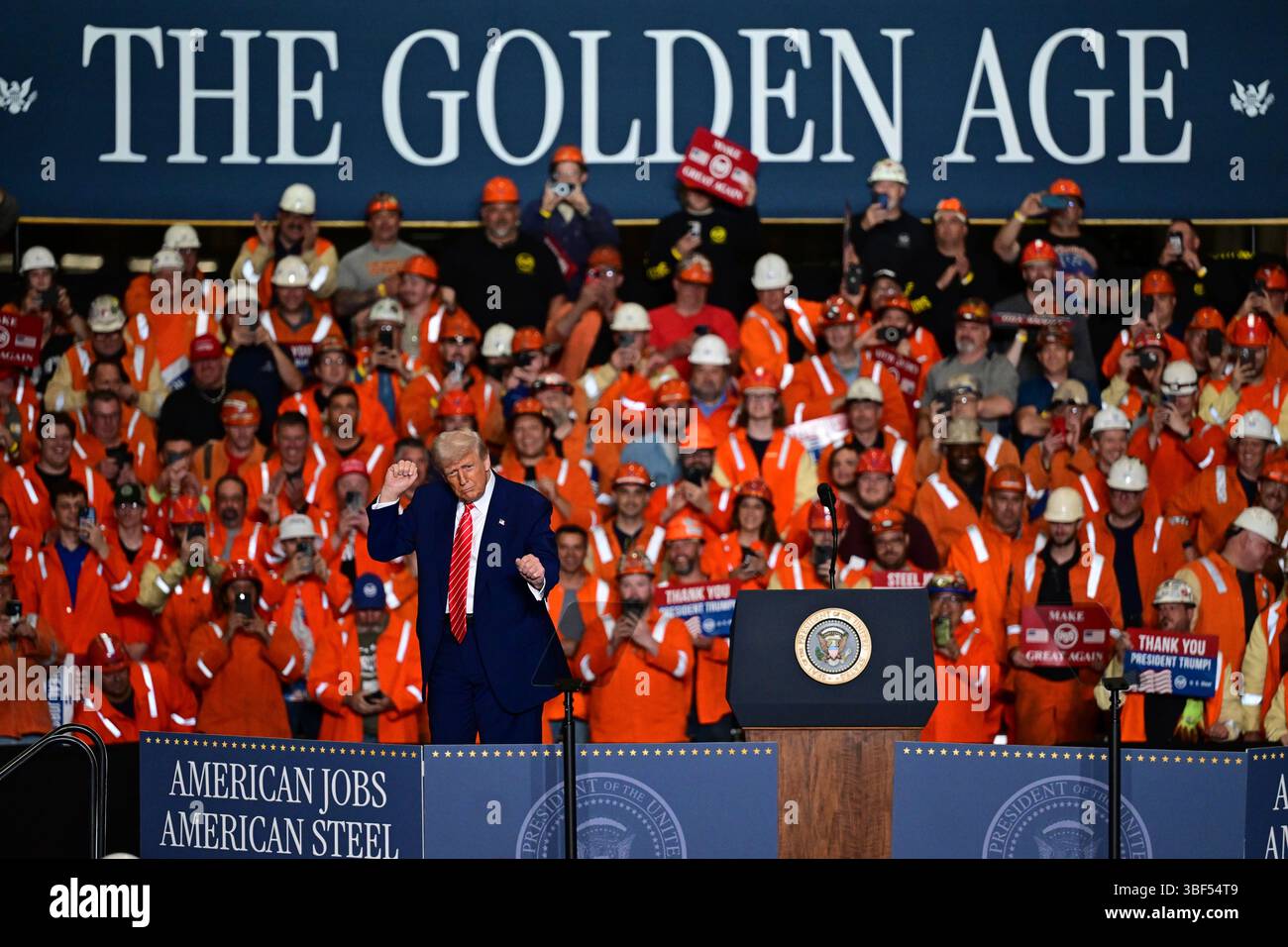 President Donald Trump dances after speaking at the U.S. Steel Mon ...
