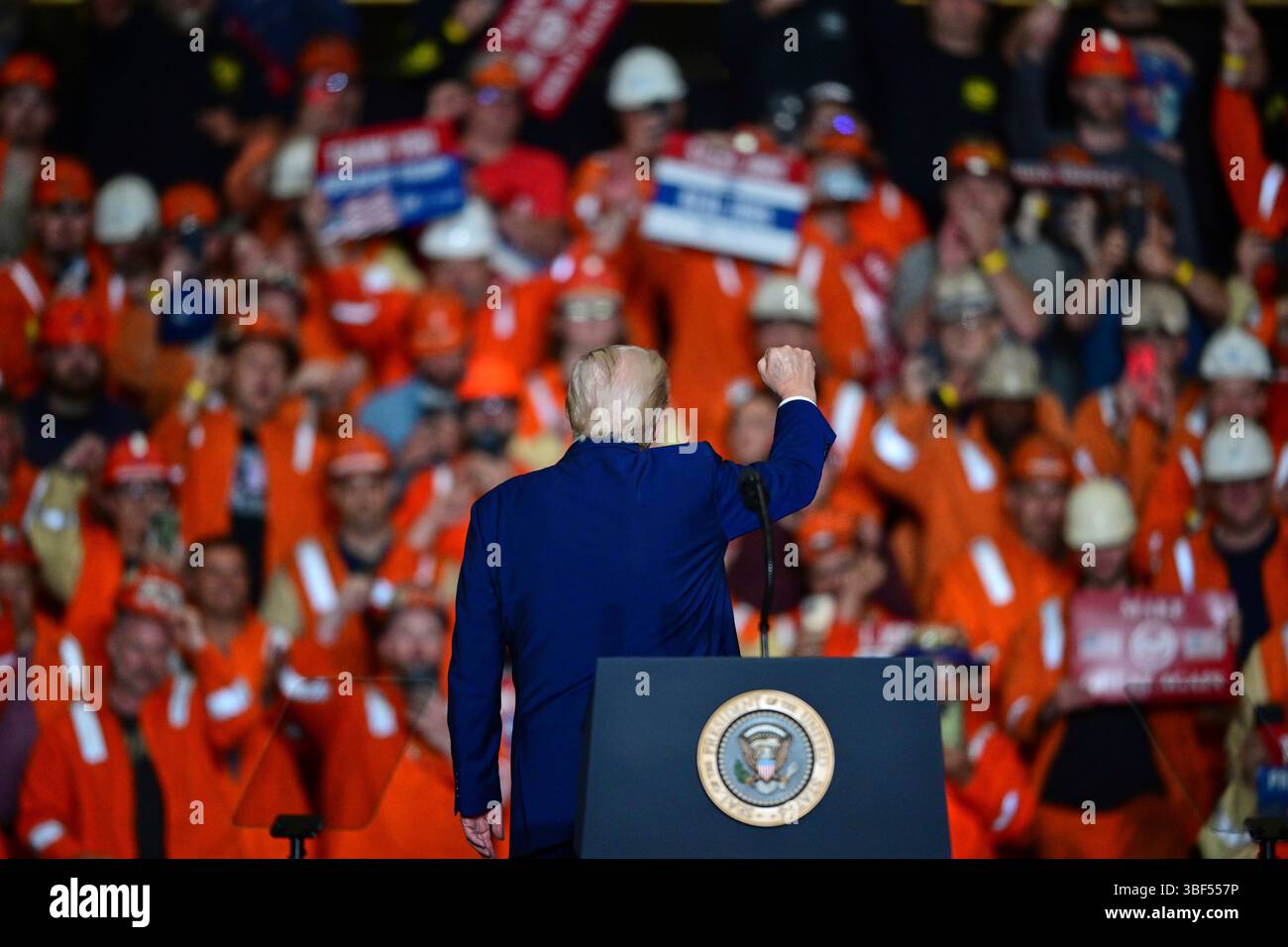President Donald Trump gestures after speaking at the U.S. Steel Mon ...