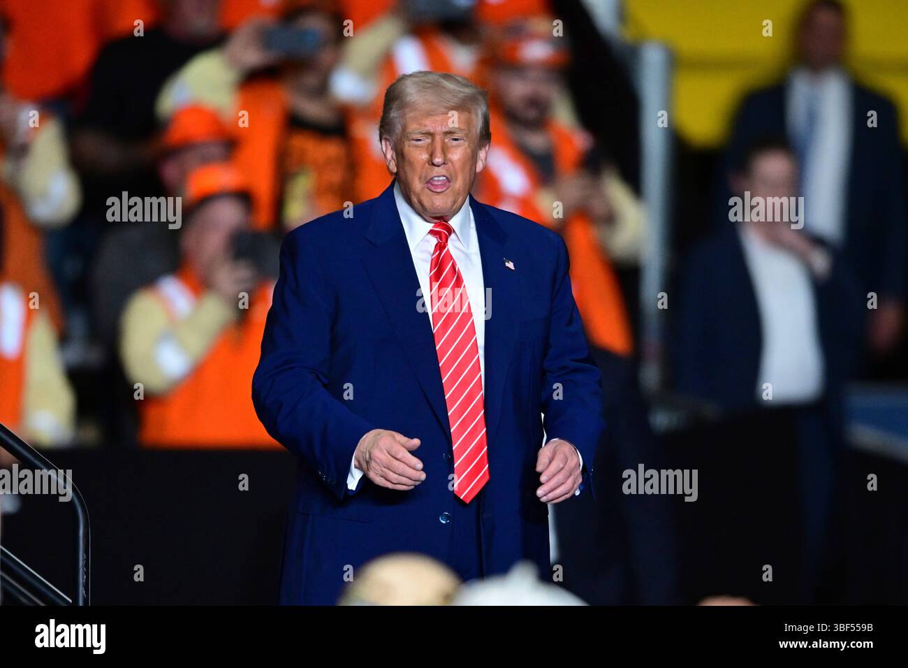 President Donald Trump gestures after speaking at the U.S. Steel Mon ...