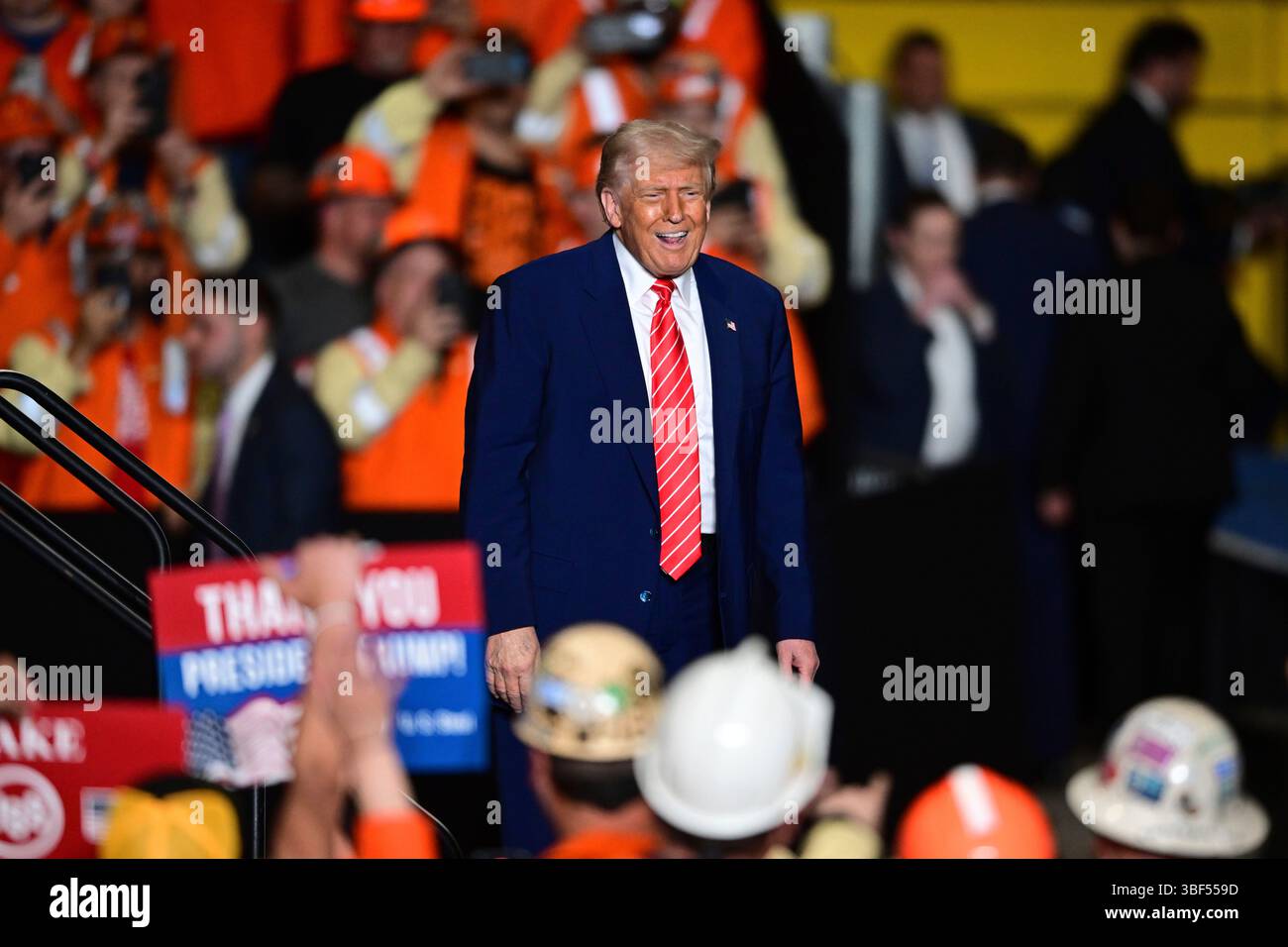 President Donald Trump smiles after speaking at the U.S. Steel Mon ...