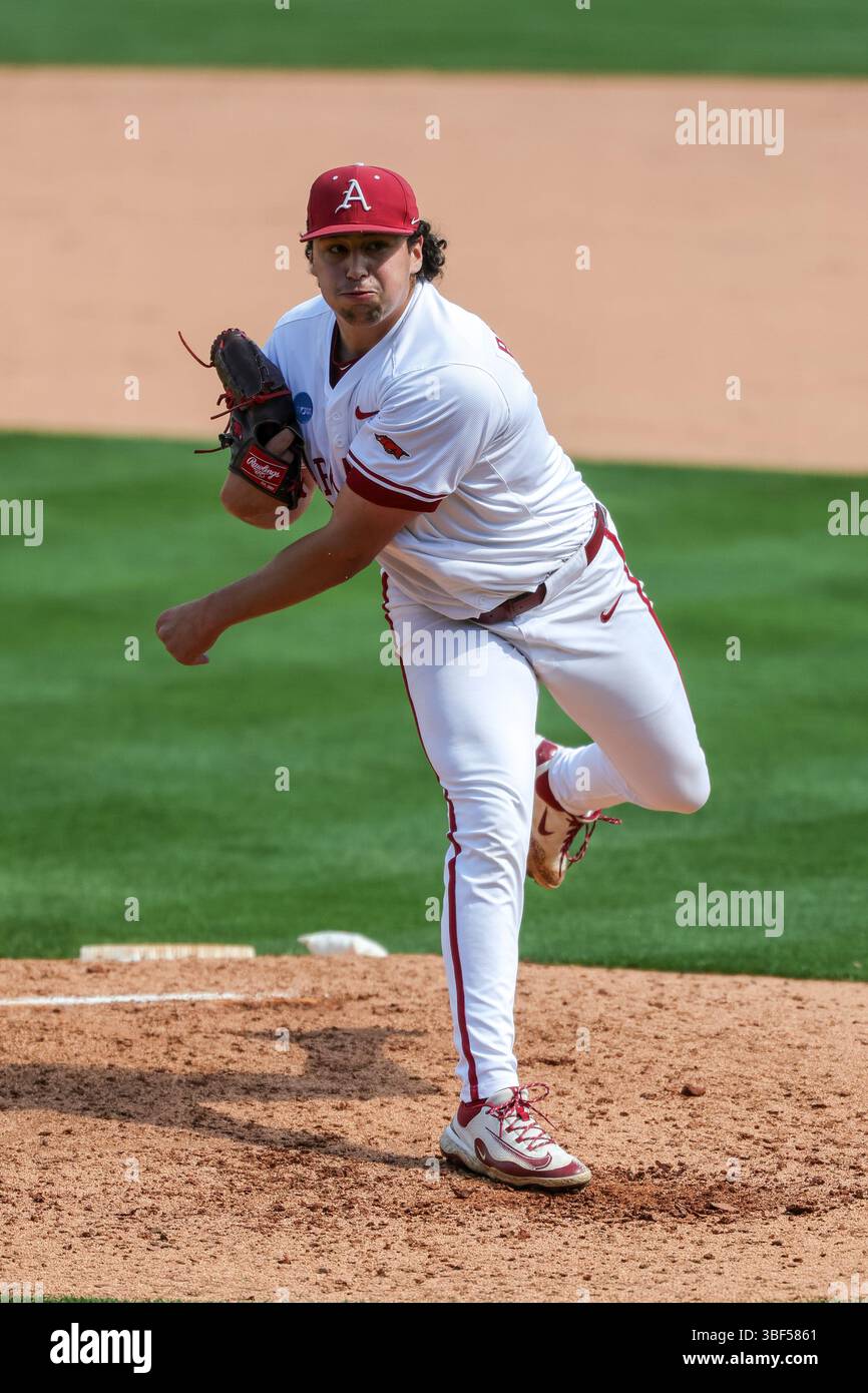 May 30, 2025: Razorback pitcher Landon Beidelschies (35) finishes up ...