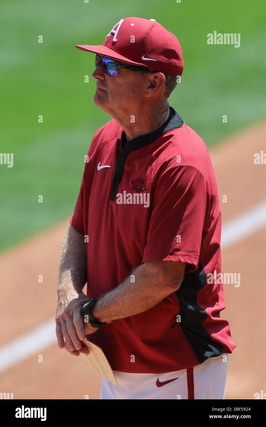 May 30, 2025: Hogs Head Coach Dave Van Horn waits along the first base ...