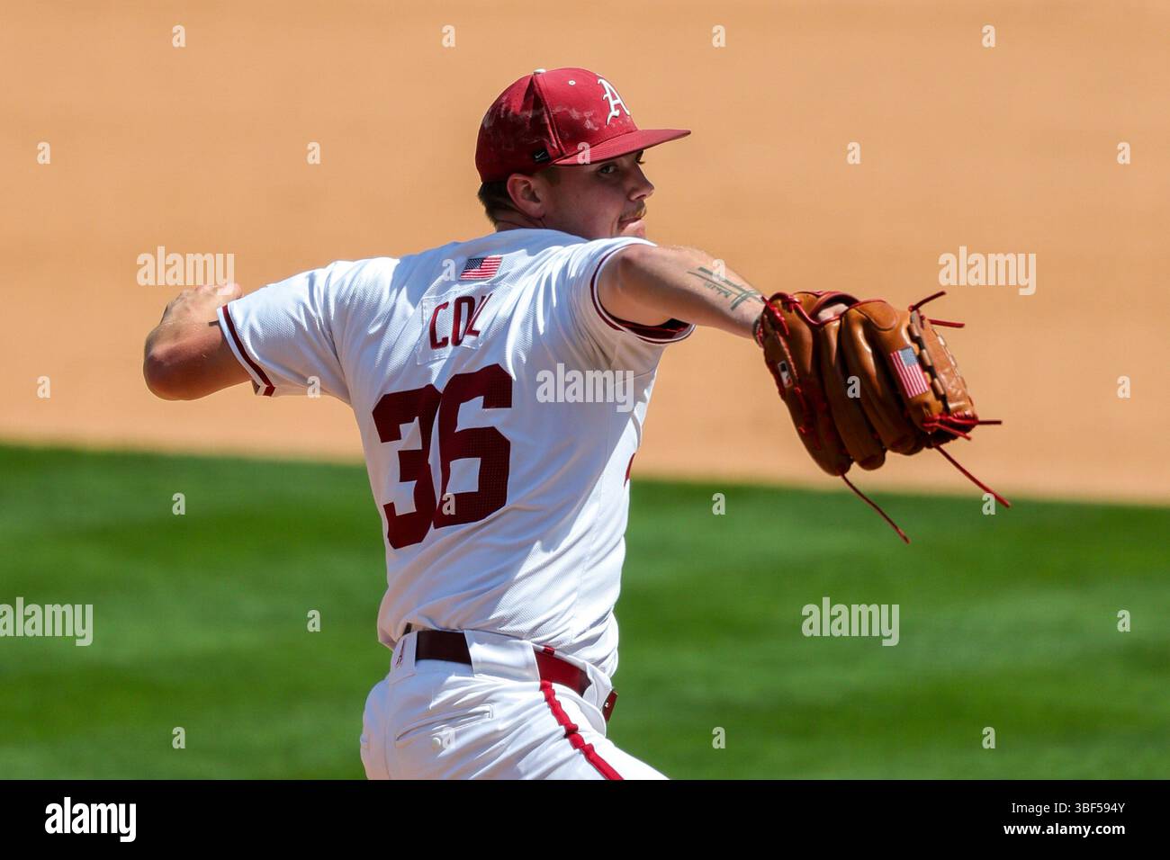 May 30, 2025: Hogs pitcher Parker Coil (36) eyes into the catcher mit ...