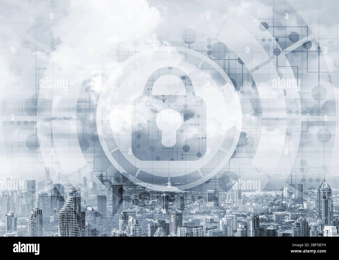 Virtual locking mechanism on background of downtown. Internet concept for identity and access ...