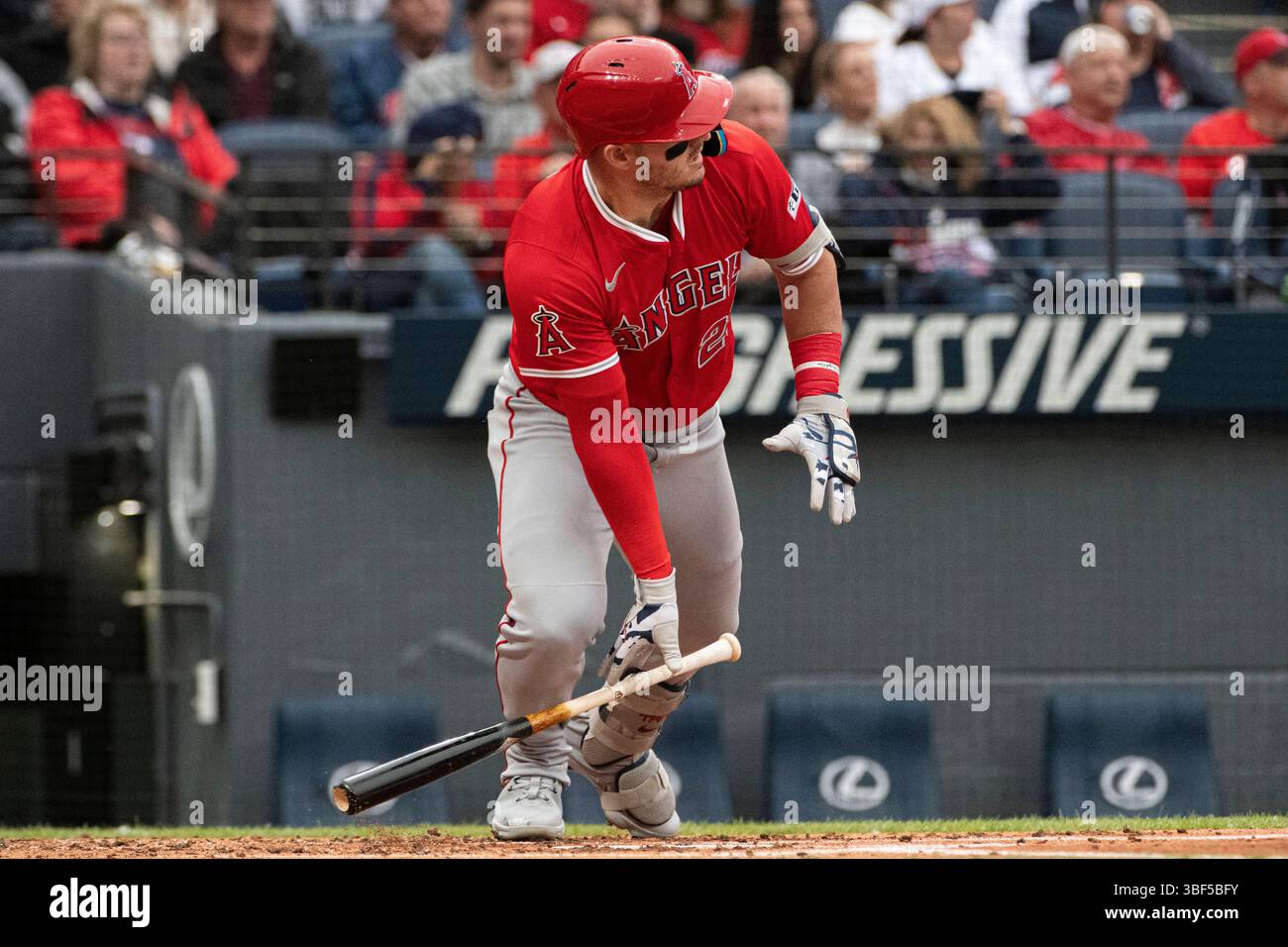 Los Angeles Angels' Mike Trout watches his flyout during the first ...